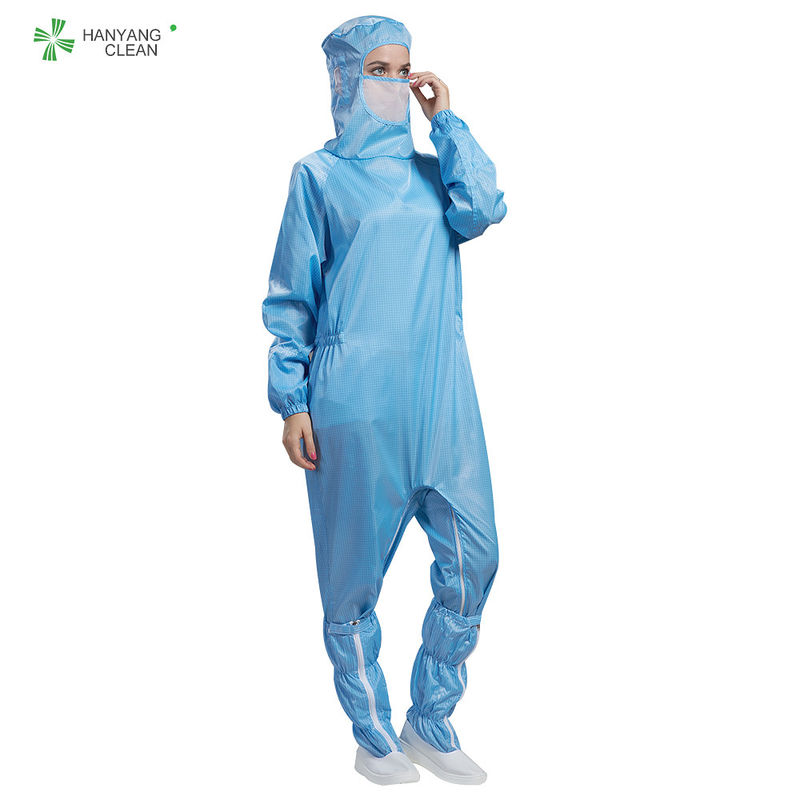 Hooded anti-static cleanroom coverall zipper open crotch grid line for ...